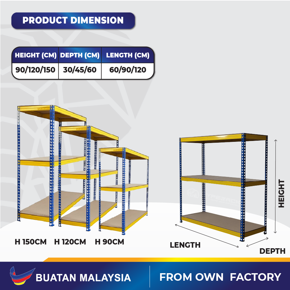 HYPERACK™️ Boltless Rack 3 Levels Blue&Yellow Shelf Storage Rack Rak ...